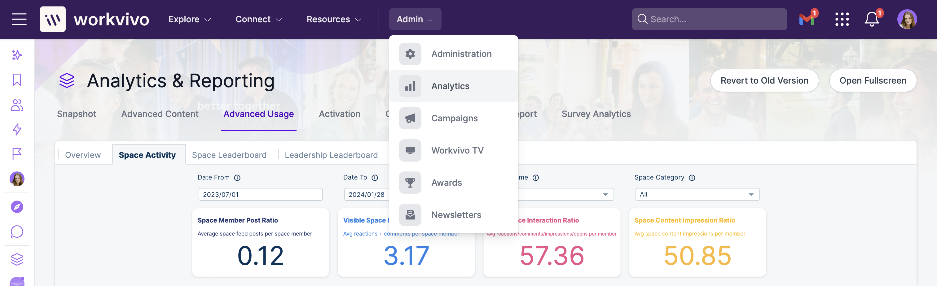 Advanced Space Activity Dashboard – Workvivo Help Center