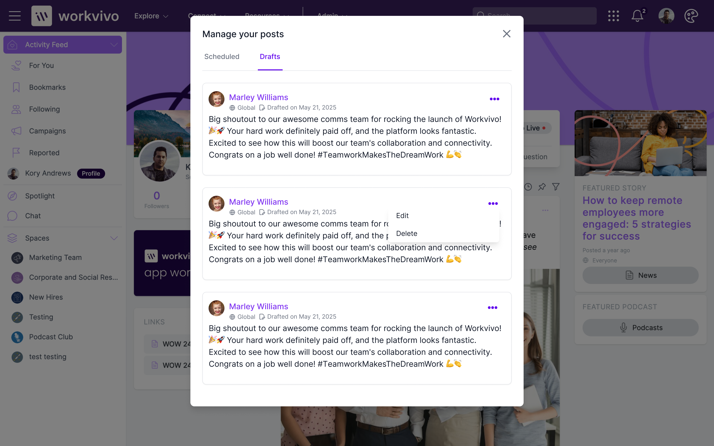 Post Drafts – Workvivo Help Center & Customer Support