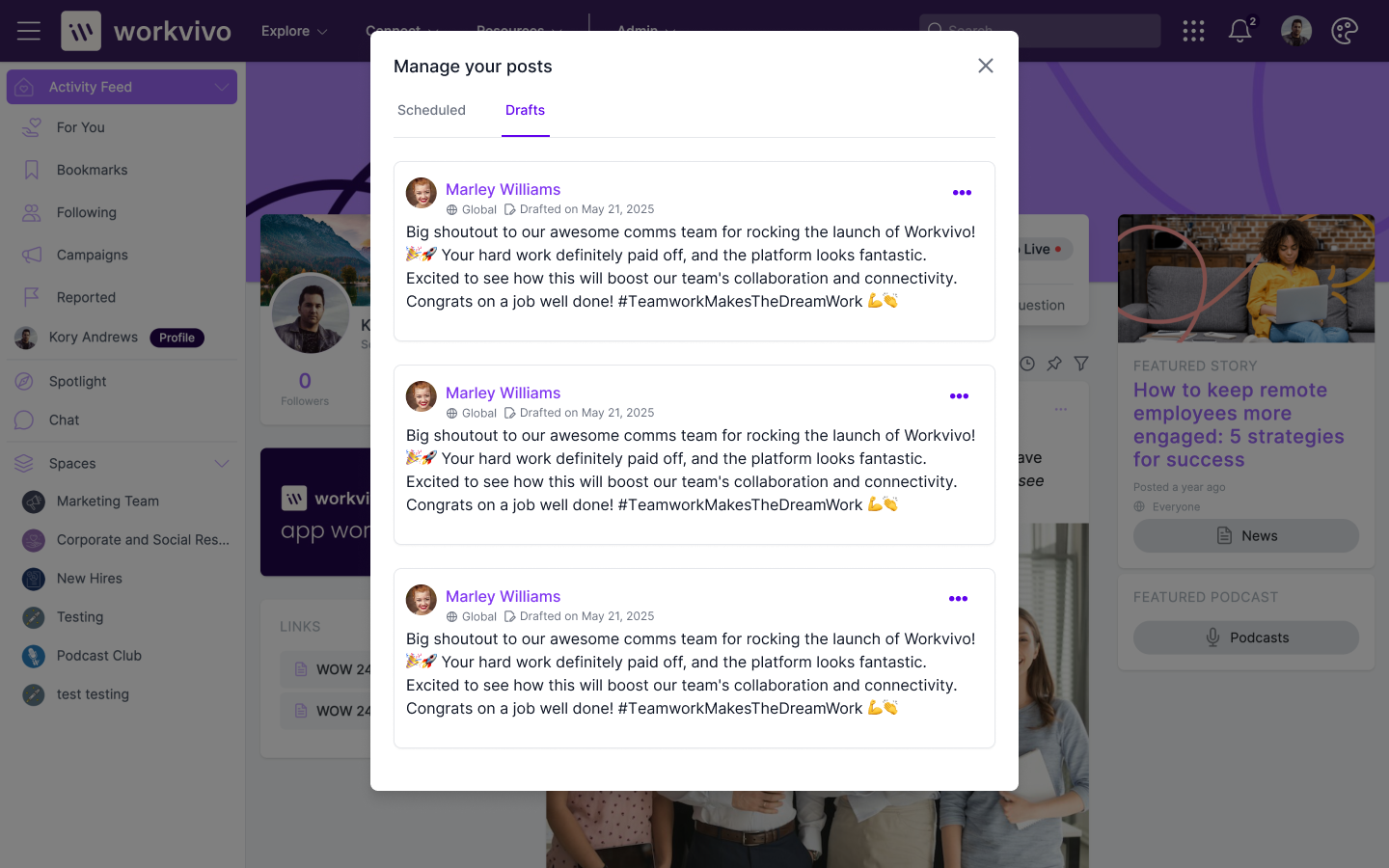 Post Drafts – Workvivo Help Center