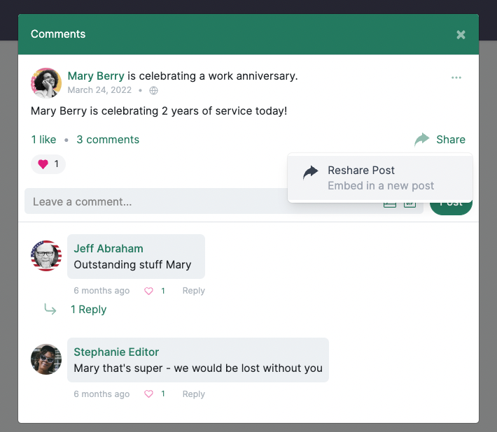 Reshare a Post – Workvivo Help Center